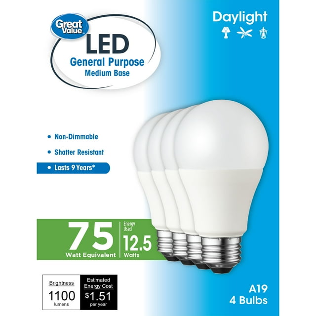 Great Value LED Light Bulb, 12.5W (75W Equivalent) A19 General Purpose ...