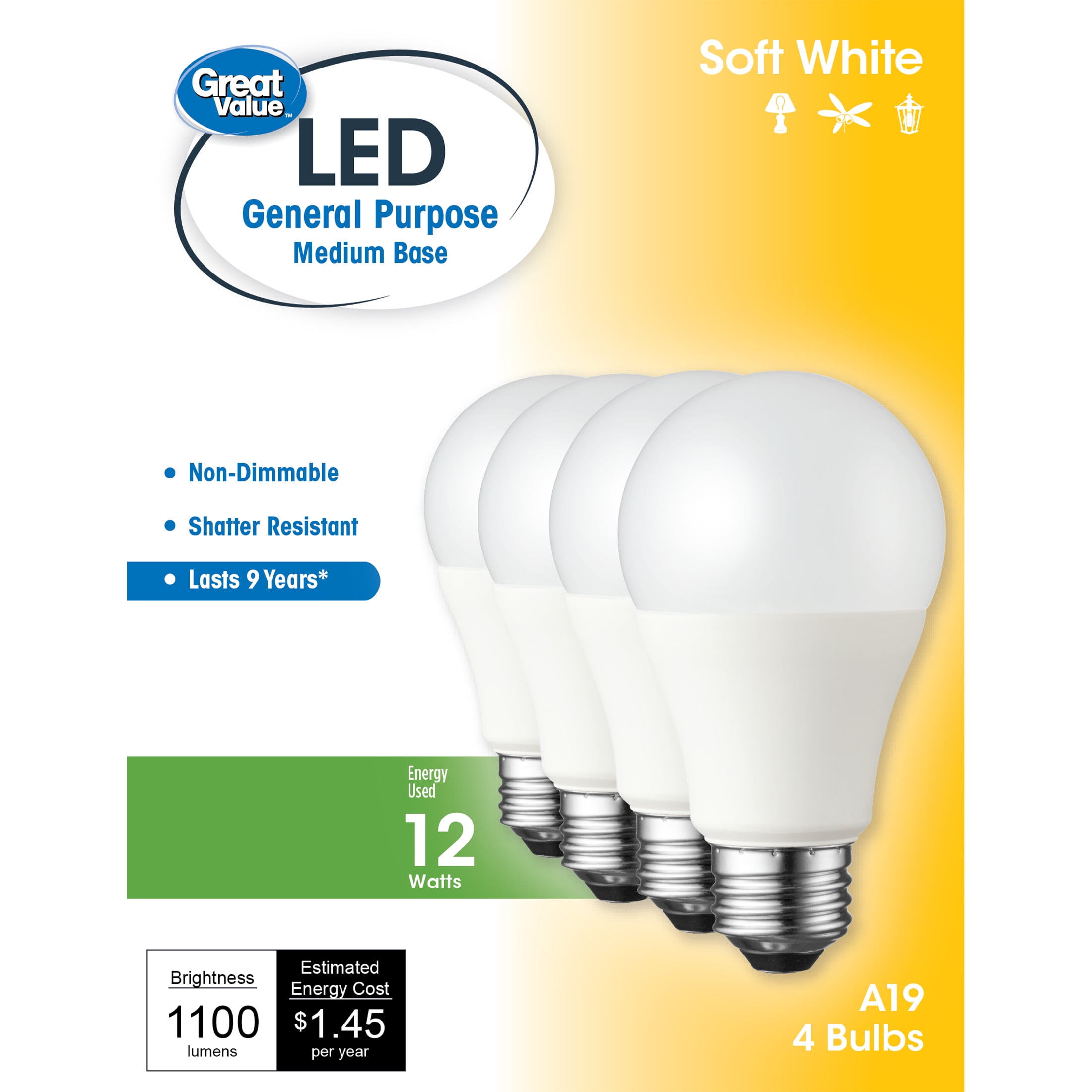 Great Value LED Light Bulb, 12W (75W Equivalent) A19 Lamp E26 Medium ...