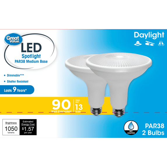 Great Value LED Light Bulb 13.5W PAR38 Floodlight Dimmable Daylight 2 ...
