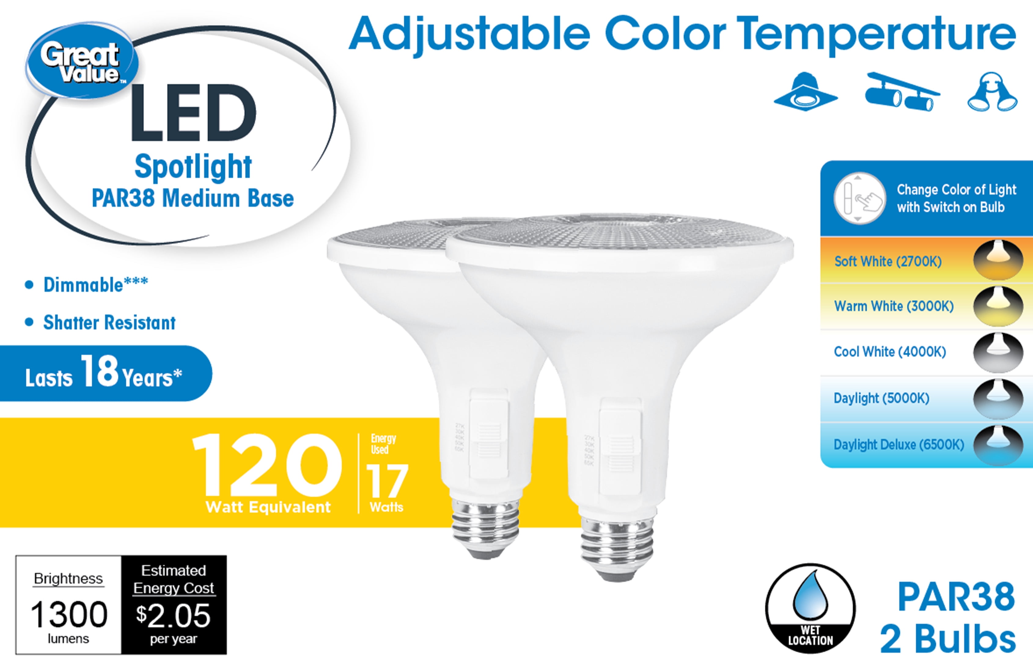 Great Value LED Light Bulb 15W PAR38 Floodlight Dimmable E26 Medium ...