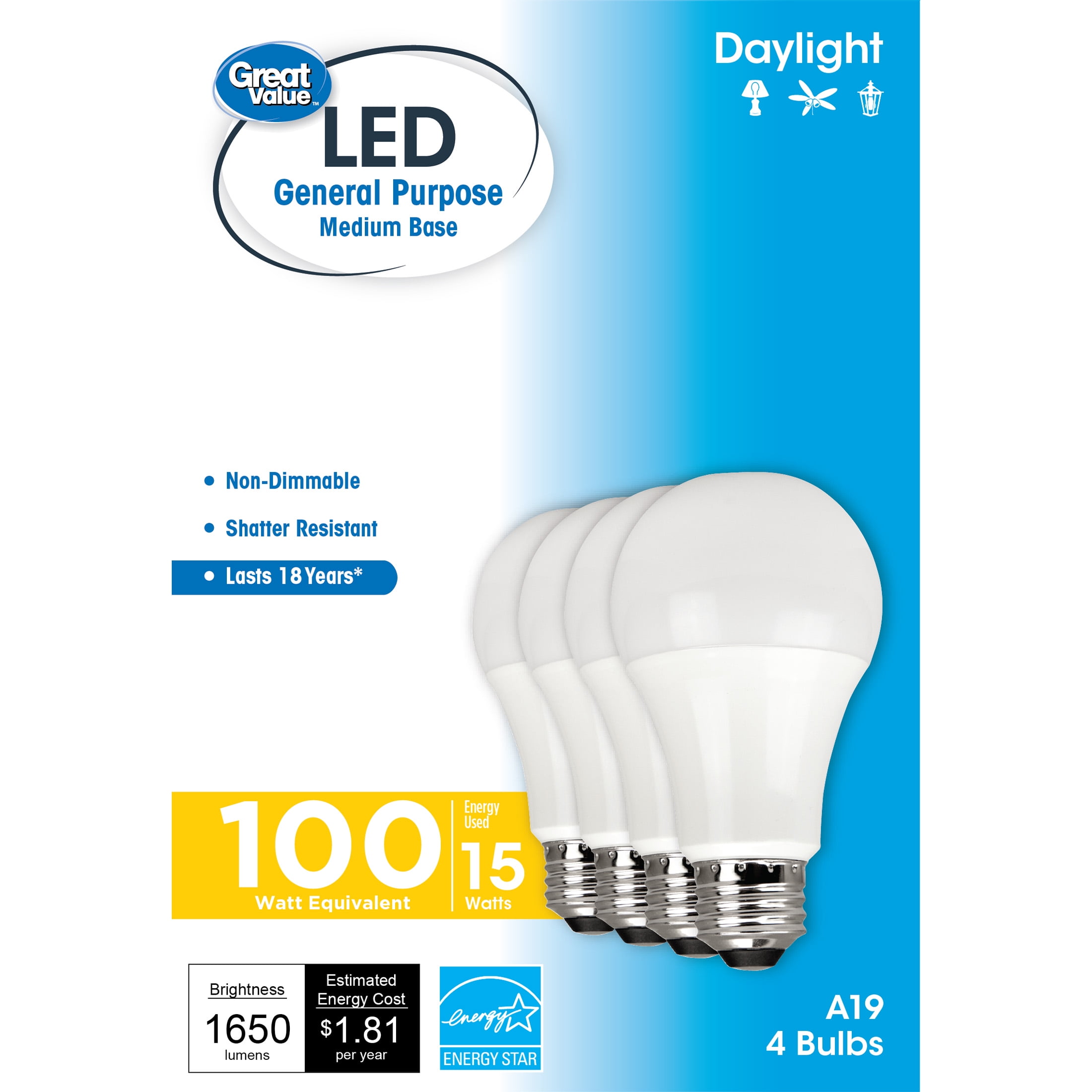 Great Value LED Light Bulb, 15W (100W Equivalent) 18Y, A19 General ...