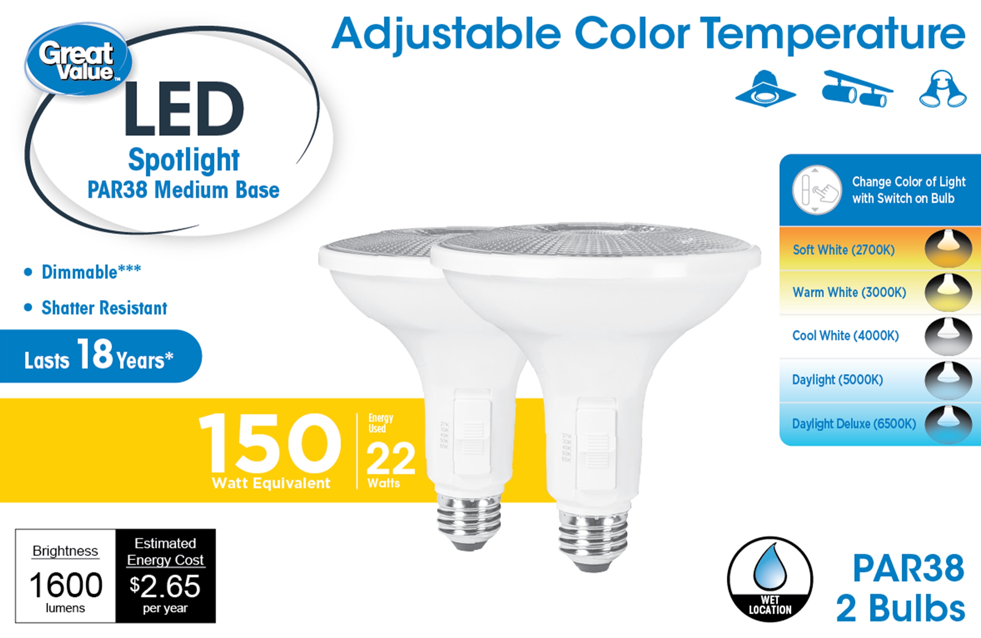 Great Value LED Light Bulb, 18.5 Watts (150W Equivalent) PAR38 ...