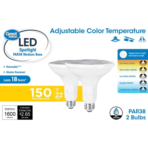 Great Value LED Light Bulb Dimmable PAR38 Floodlight 18.5W 150W ...