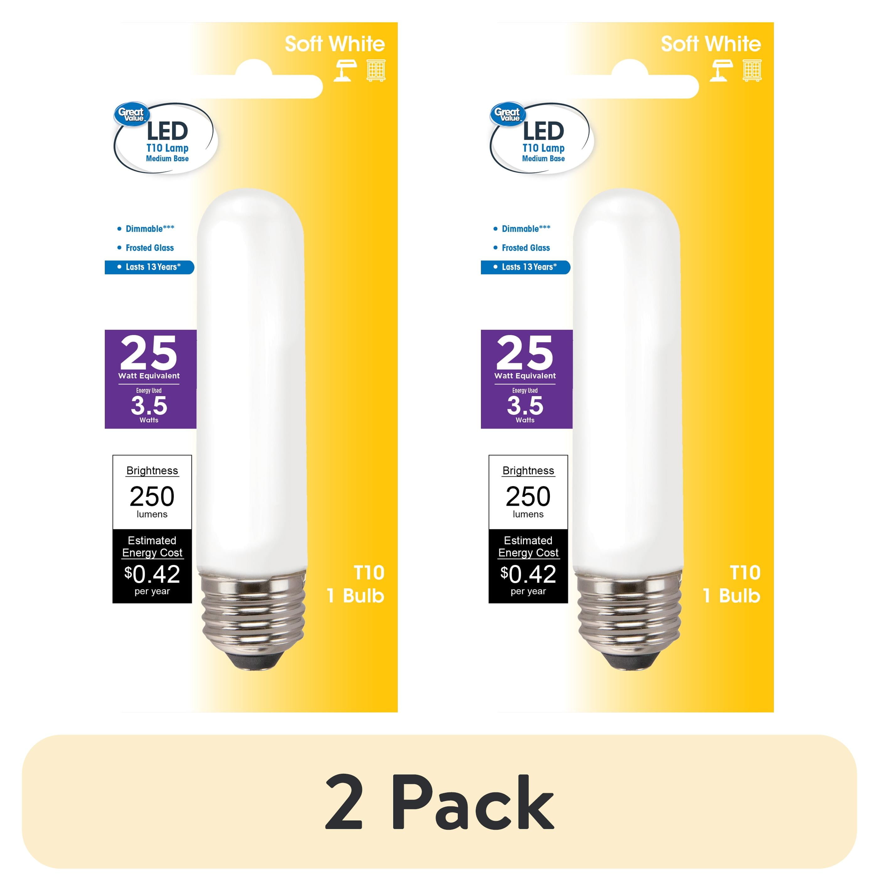 (2 pack) Great Value LED Light Bulb, 3.5 Watts (25W Equivalent) T10 Frosted Tube Lamp E26 Medium ...