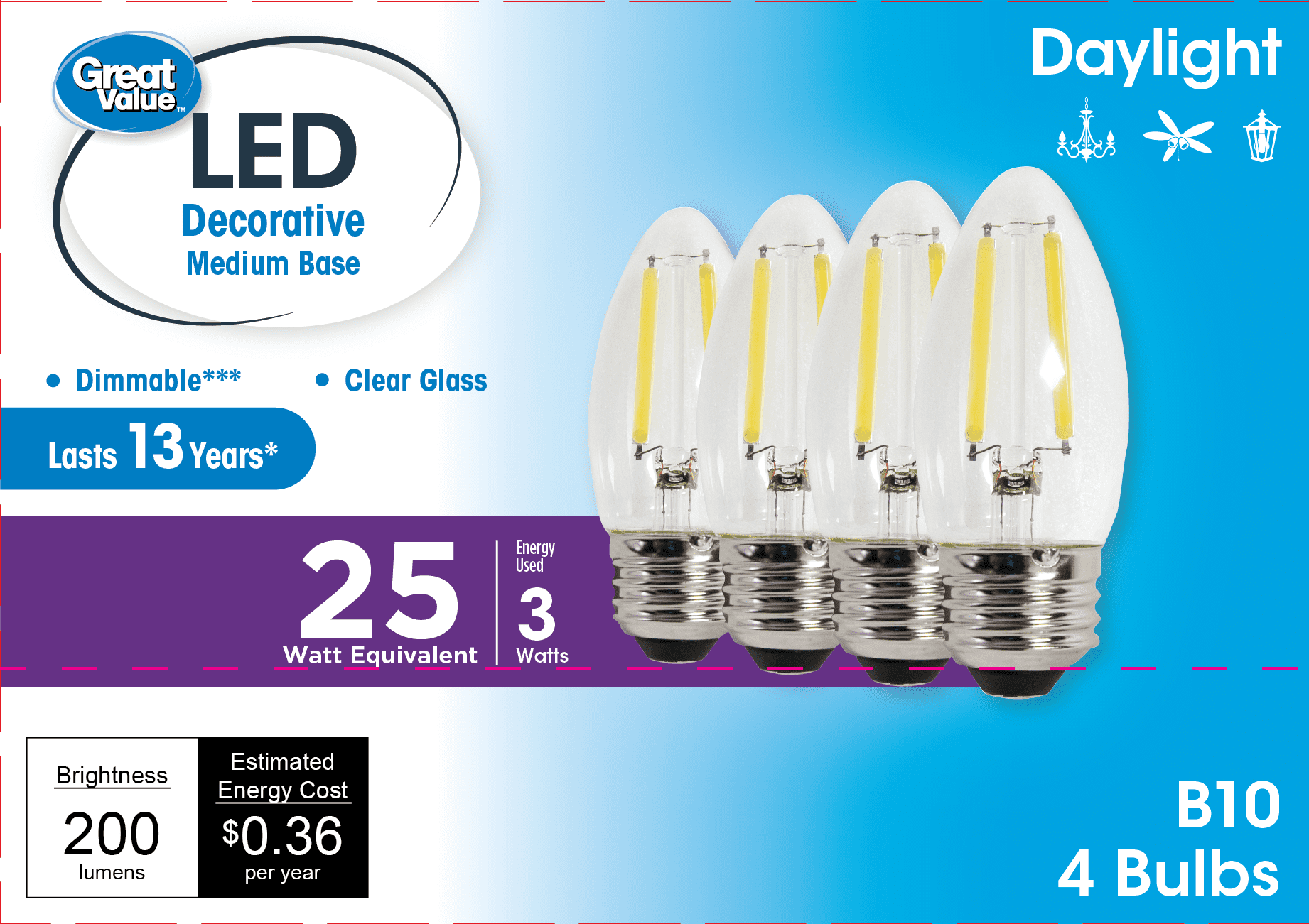 Great Value LED Light Bulb, 3W (25W Equivalent) B10 Deco E26 Medium ...