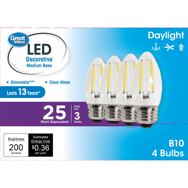 Great Value LED Light Bulb, 3W (25W Equivalent) B10 Deco E26 Medium ...