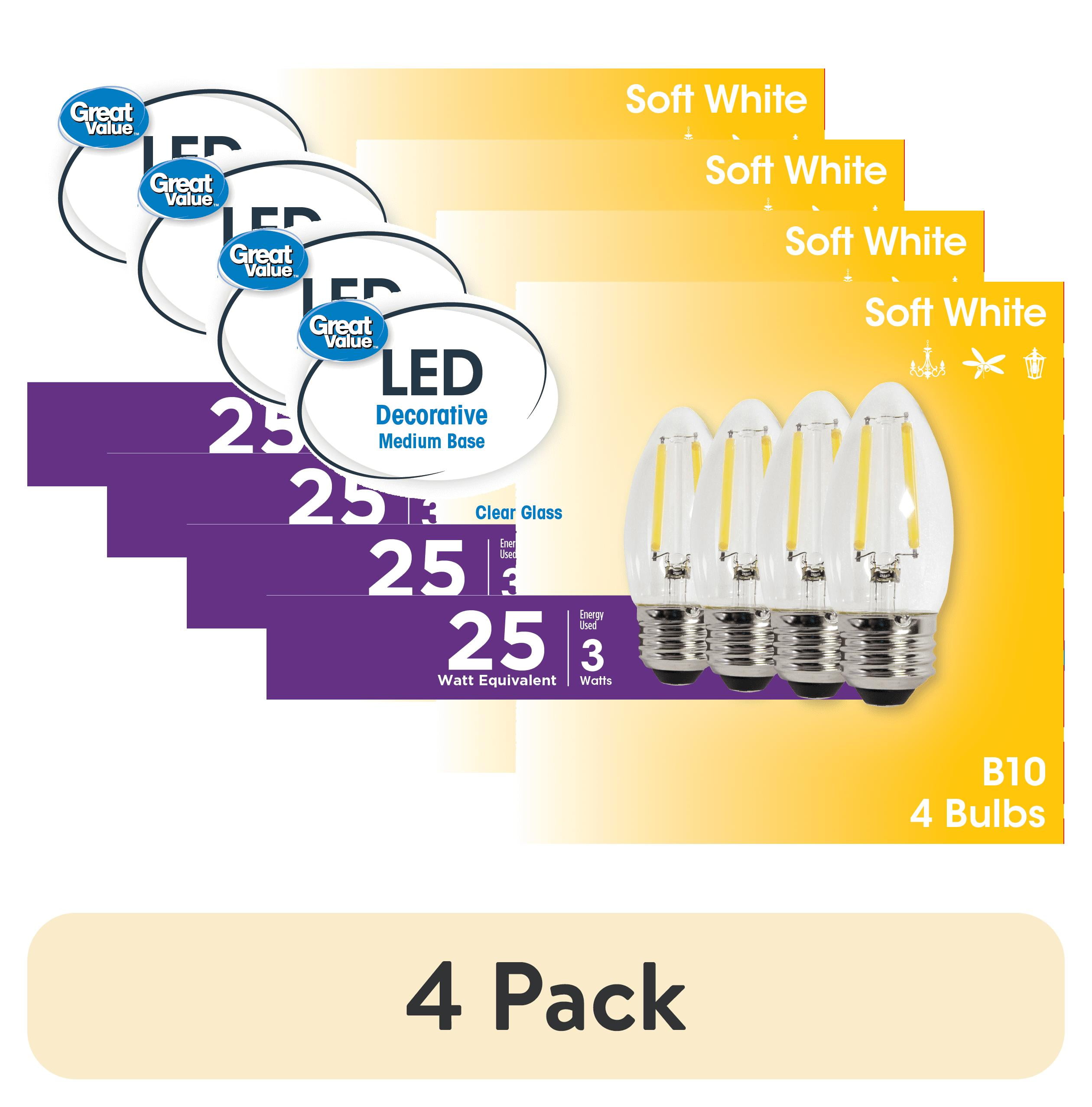 (4 pack) Great Value LED Light Bulb, 3W (25W Equivalent) B10 Deco E26 ...