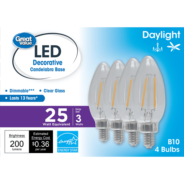 Great Value LED Light Bulb, 3W (25W Equivalent) B10 Deco Lamp E12 ...