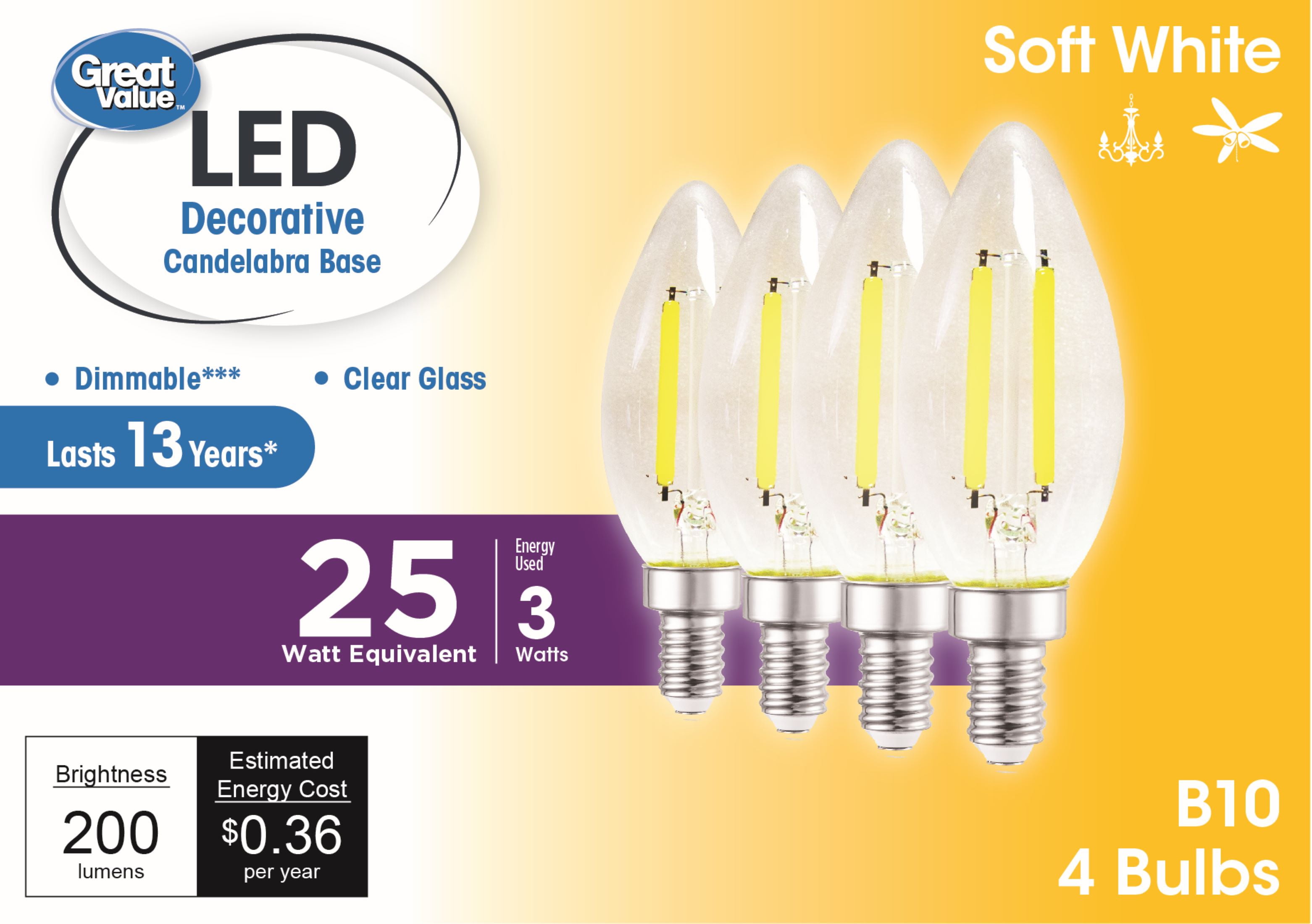 Great Value LED Light Bulb, 3W (25W Equivalent), E12 Candelabra Base ...