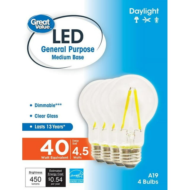 Great Value LED Light Bulb, 4.5W (40W Equivalent) A19 Clear Glass E26 ...