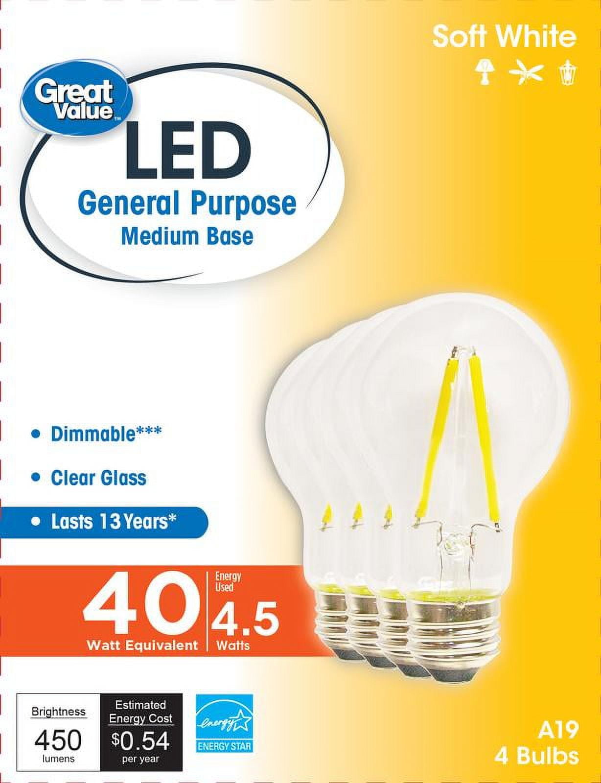 Great Value LED Light Bulb, 4.5W (40W Equivalent) A19 Clear Glass E26 ...