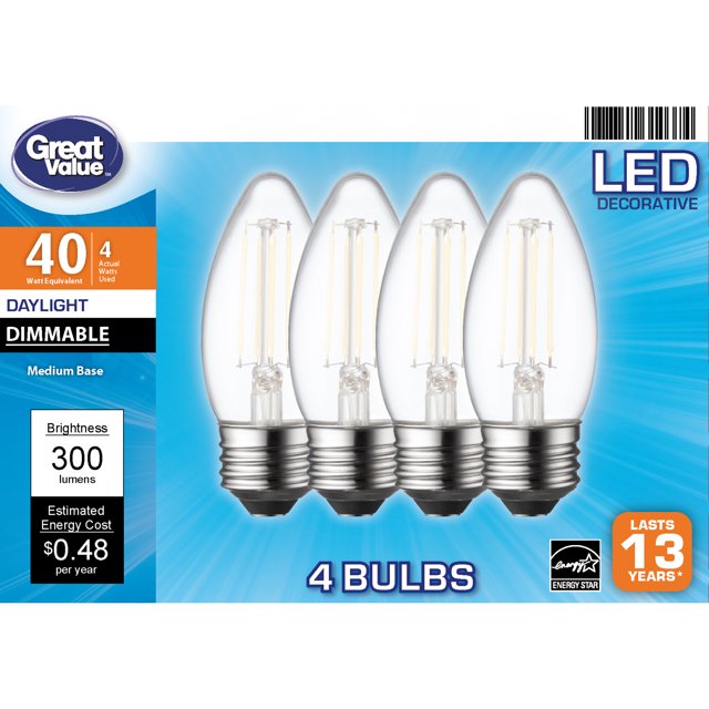 Great Value LED Light Bulb, 4 Watts (40W Equivalent) B10 Deco Lamp E26 ...