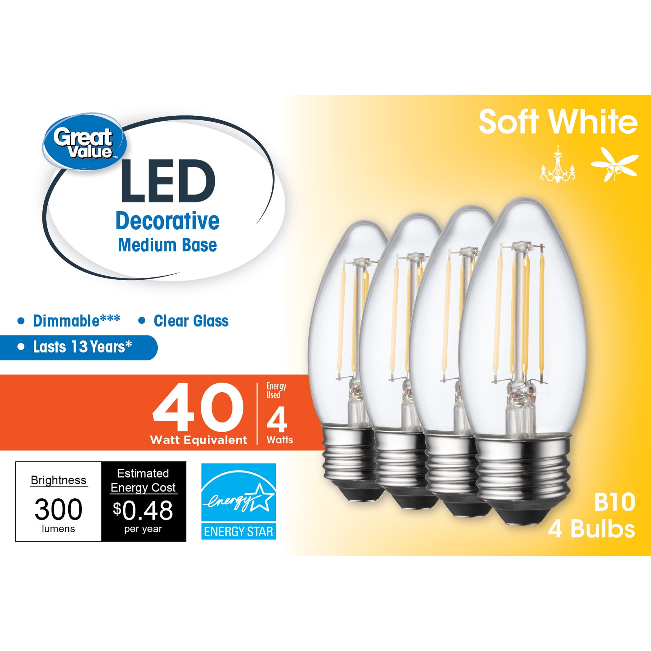 Great Value LED Light Bulb, 4W (40W Equivalent), Soft White, Dimmable ...