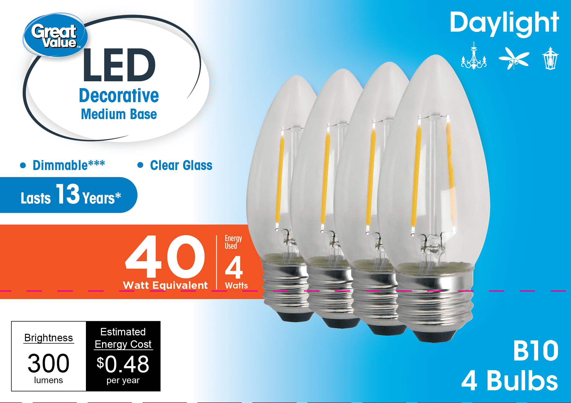 Great Value LED Light Bulb 4W 40W Equivalent E26 Medium Base Dimmable ...