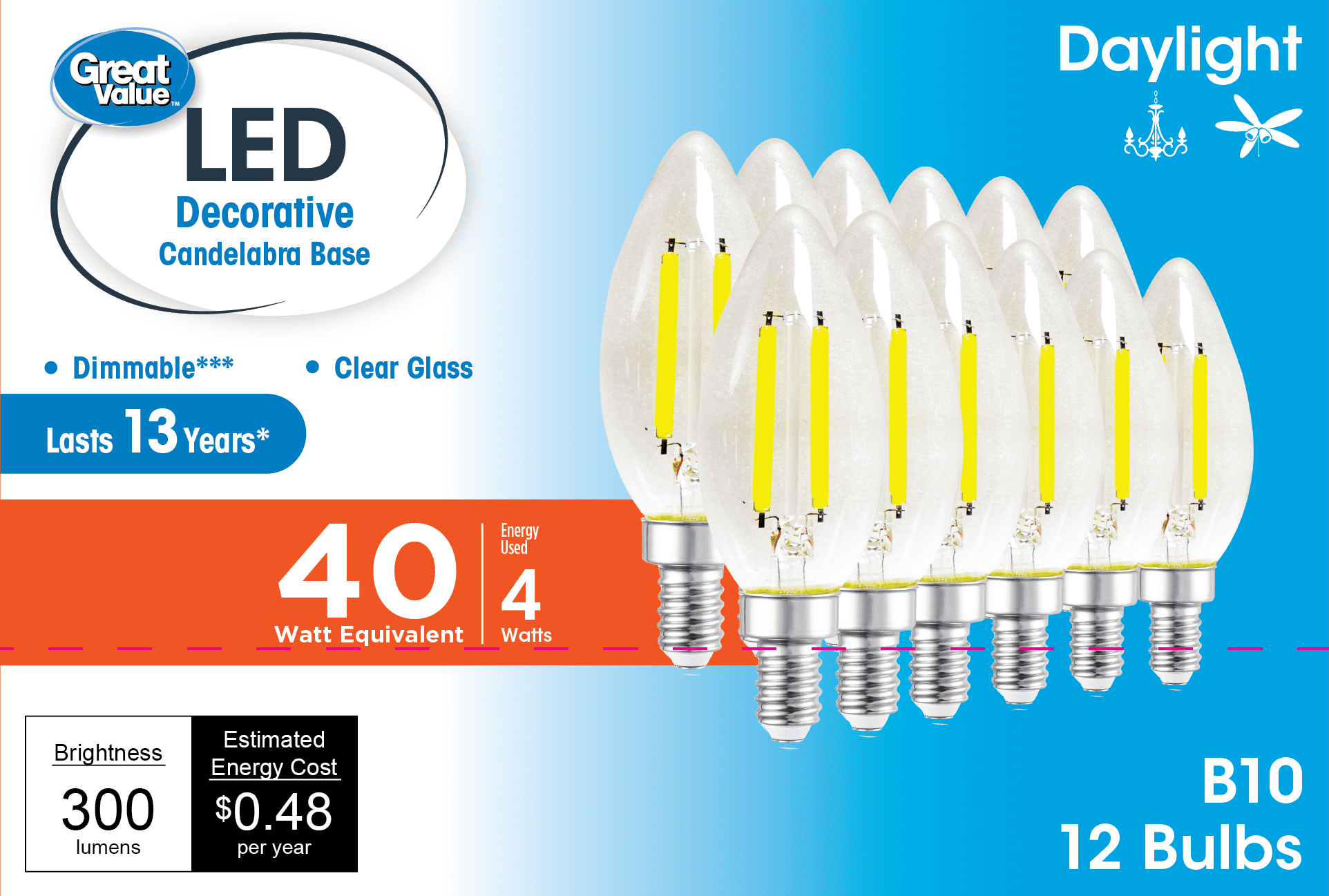 Great Value LED Light Bulb, 4W 40W Equivalent, E12 Candelabra Base ...