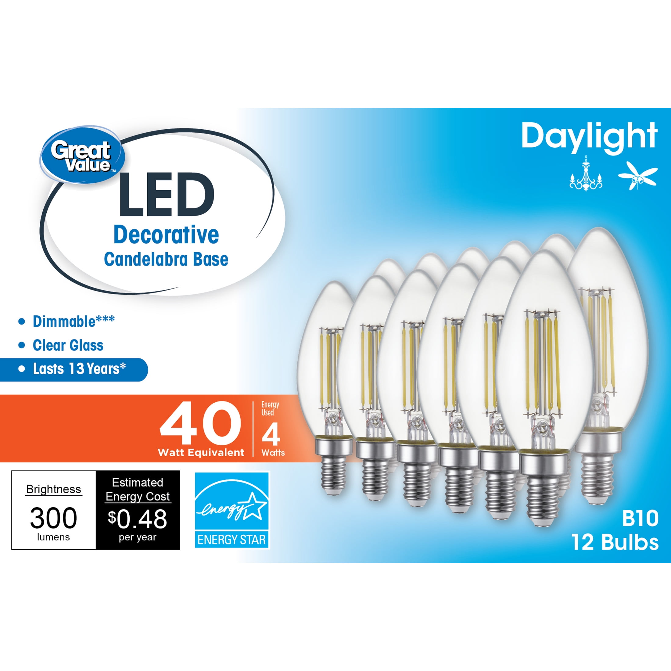 Great Value LED Light Bulb, 4W (40W Equivalent) B10 Deco Lamp E12 ...