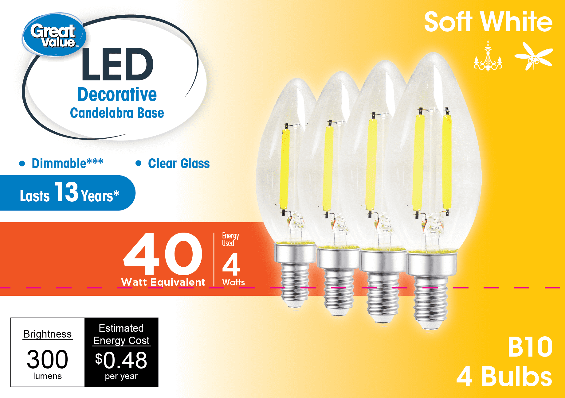 Great Value LED Light Bulb, 4W 40W Equivalent, E12 Candelabra Base ...