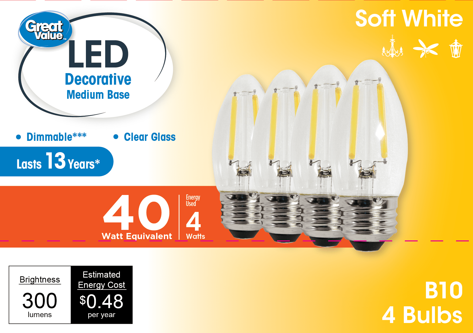 Great Value LED Light Bulb, 4W (40W Equivalent), Soft White, Dimmable ...