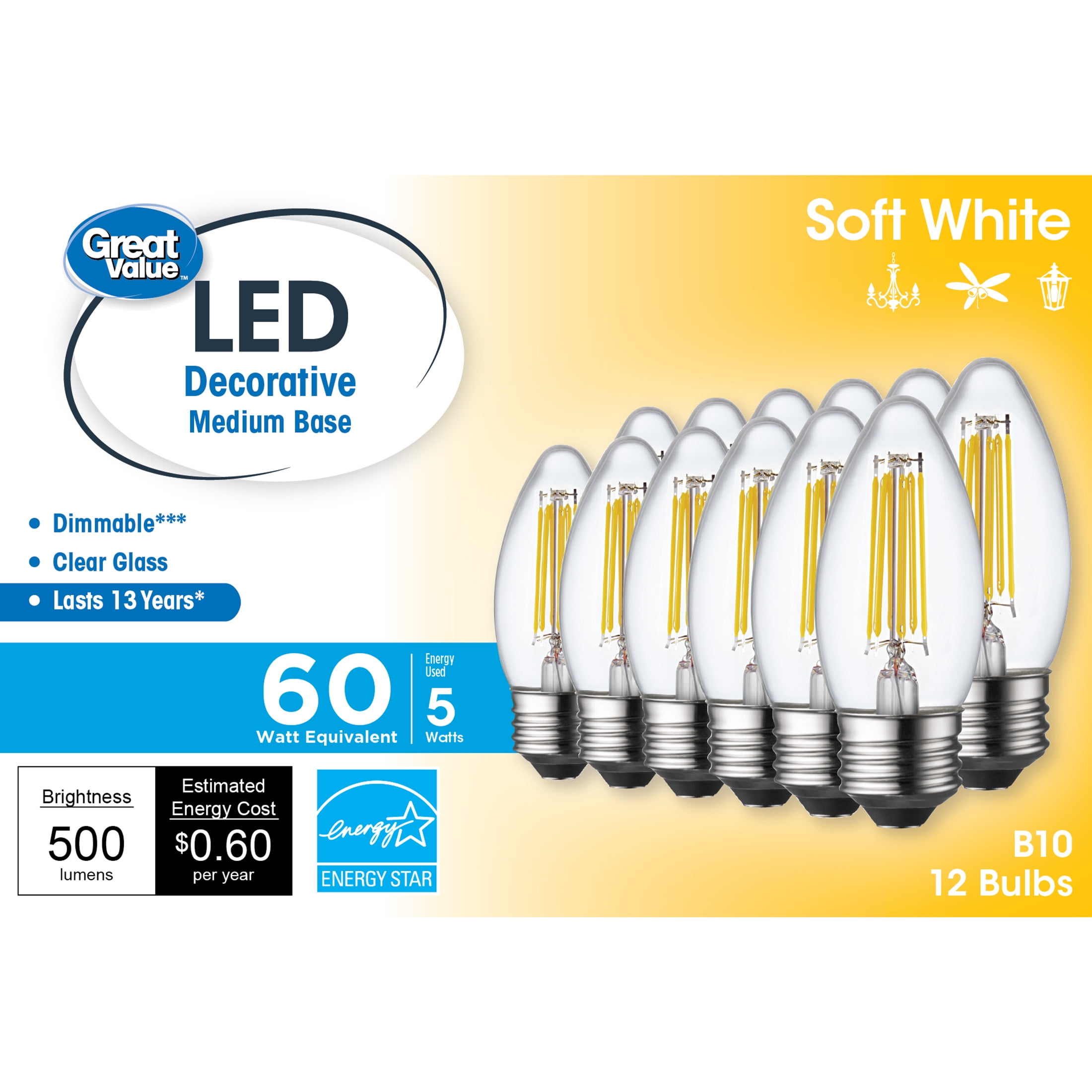 Great Value LED Light Bulb, 5.5 Watts 60W Equivalent Dimmable Soft ...