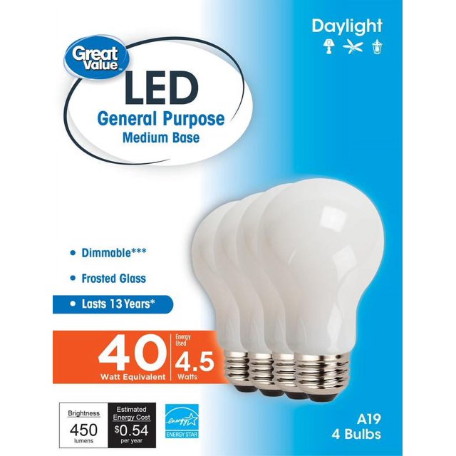 Great Value LED Light Bulb, 5.5W (40W Equivalent) A19 Frosted Glass E26 ...