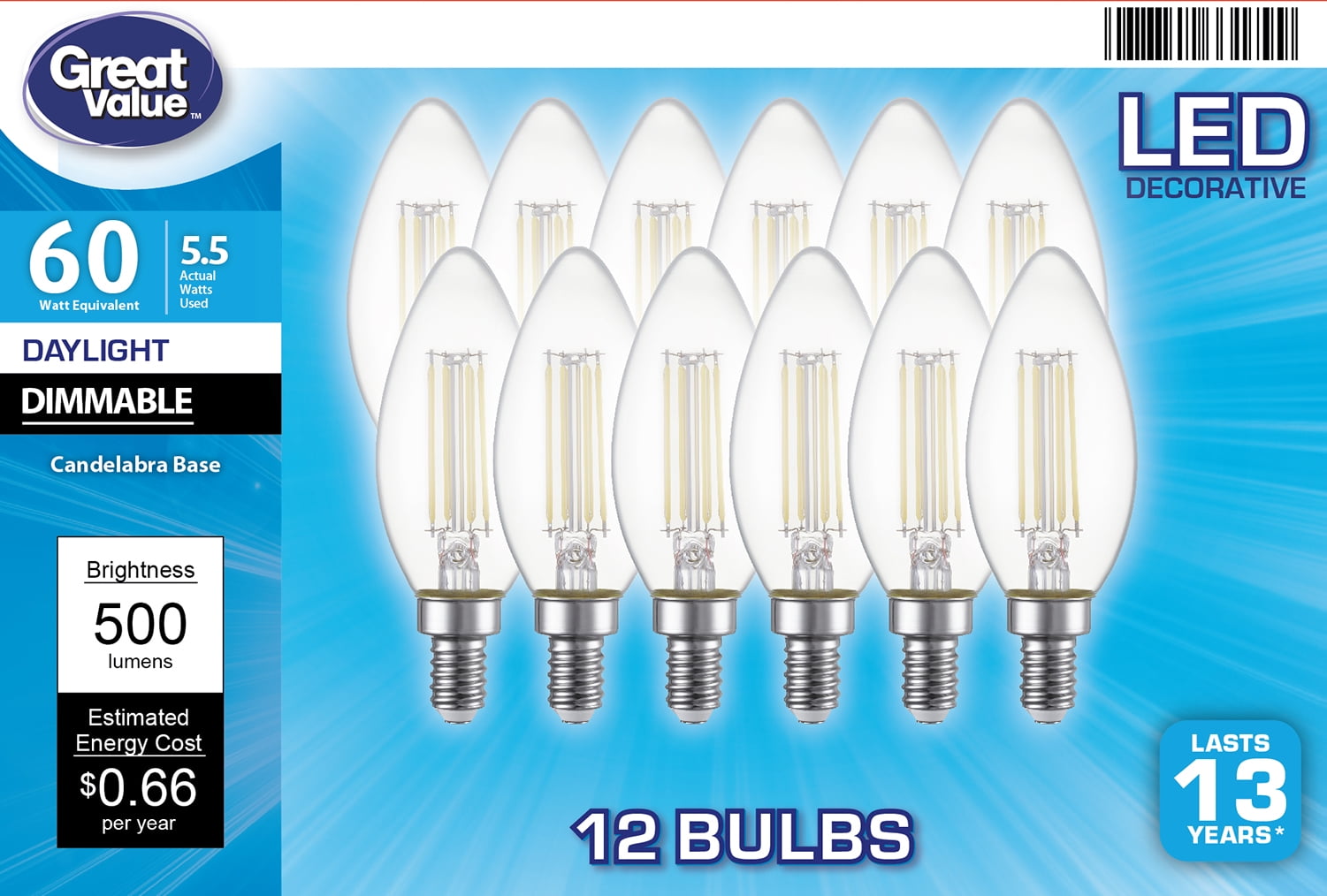 Great Value LED Light Bulb, 5.5W (60W Equivalent) B10 Deco Lamp E12 ...