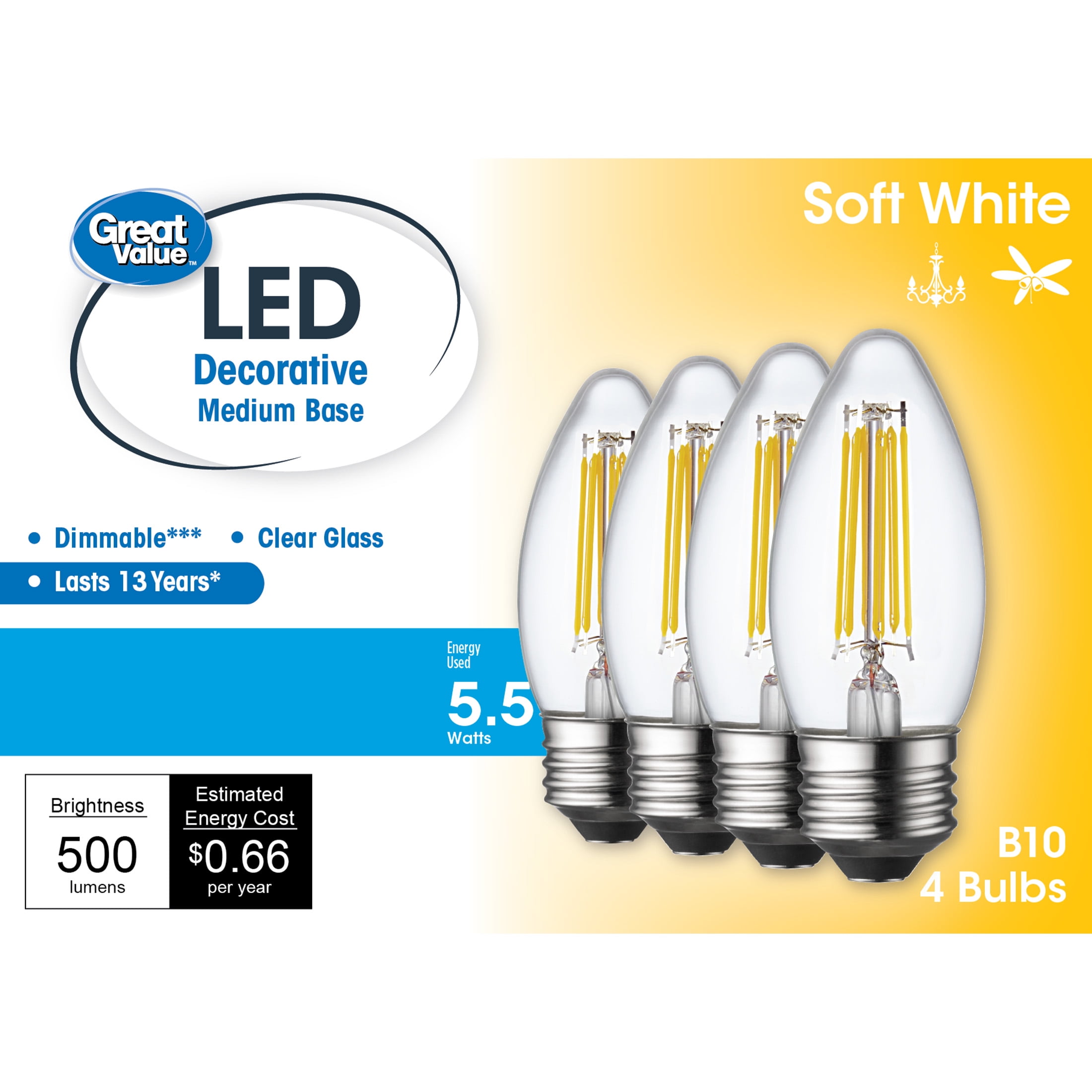 Great Value LED Light Bulb, 5.5W (60W Equivalent) B10 Deco Lamp E26 ...