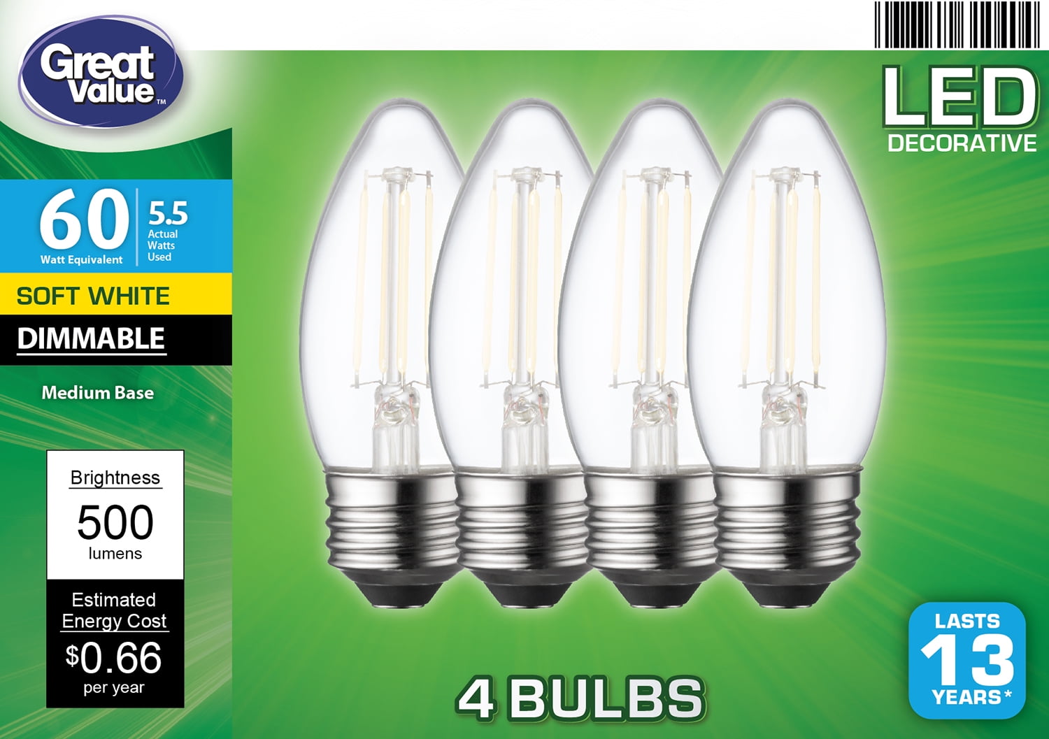 Great Value LED Light Bulb, 5.5W (60W Equivalent) B10 Deco Lamp E26 ...
