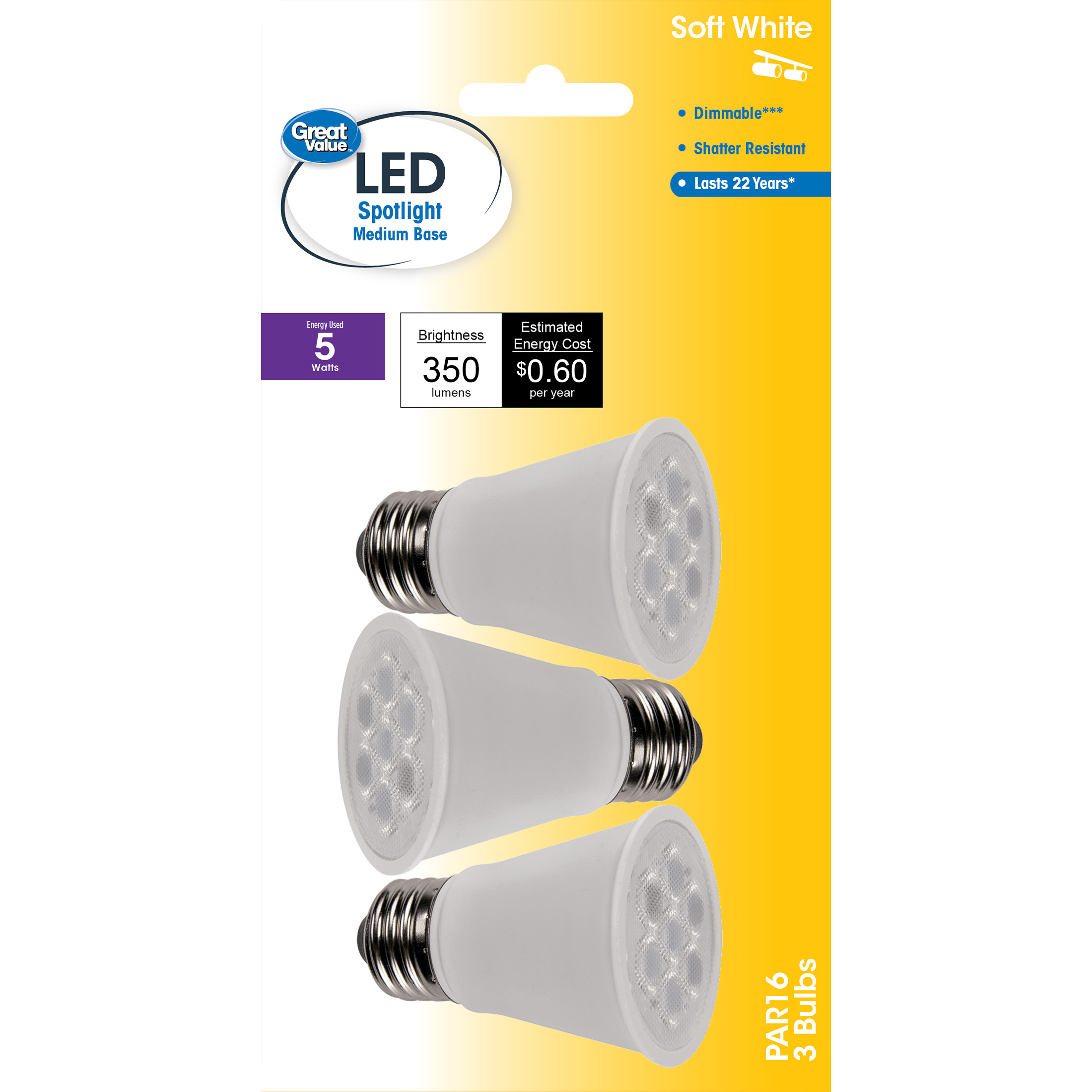 Great Value LED Light Bulb, 5 Watts (35W Equivalent) PAR16 Lamp E26 ...