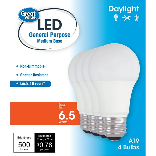 Great Value LED Light Bulb, 6.5W (40W Equivalent) 18Y, A19 General ...
