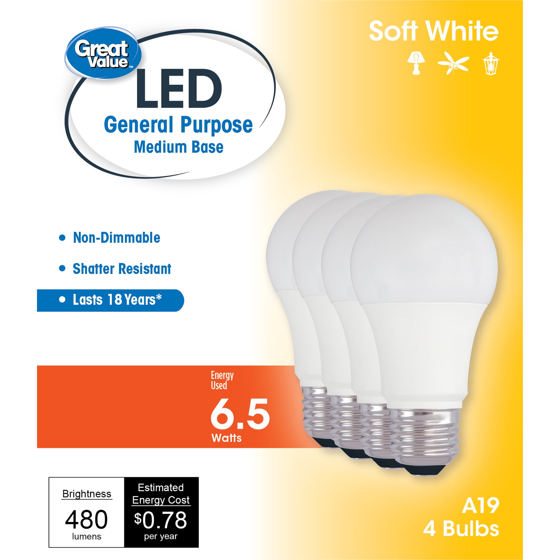 Great Value LED Light Bulb, 6.5W (40W Equivalent)18Y, A19 General Purpose Lamp E26 Medium Base ...