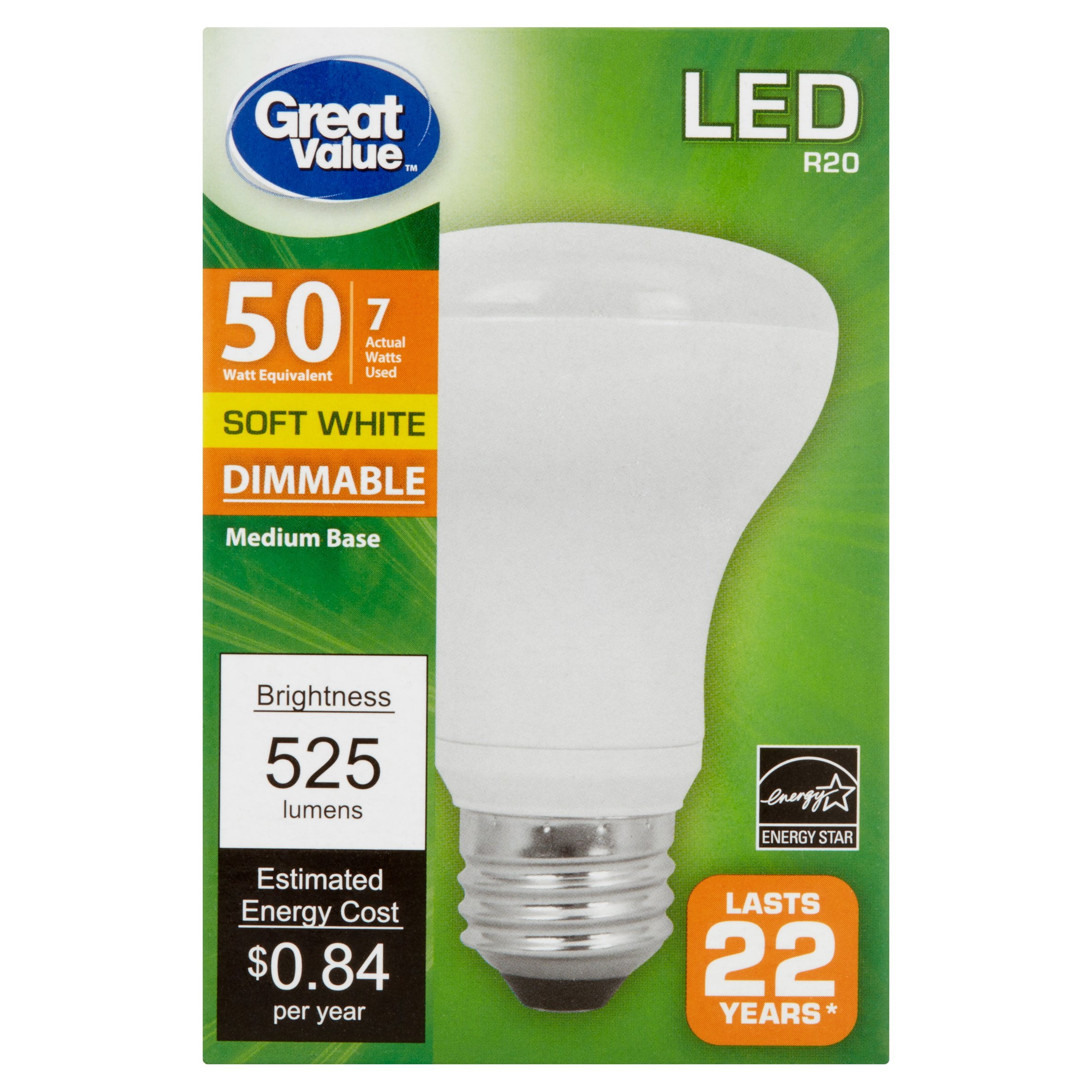 Great Value LED Light Bulb, 7W (50 W Equivalent) R20 Lamp E26 Medium ...