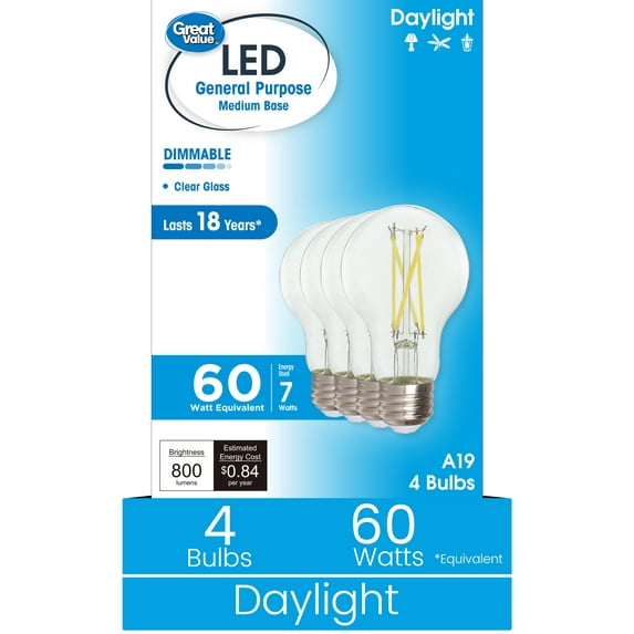 Great Value 18YR A19 LED Light Bulb 7W 60W Equivalent Dimmable Daylight E26 Medium Base 4 Pack ...
