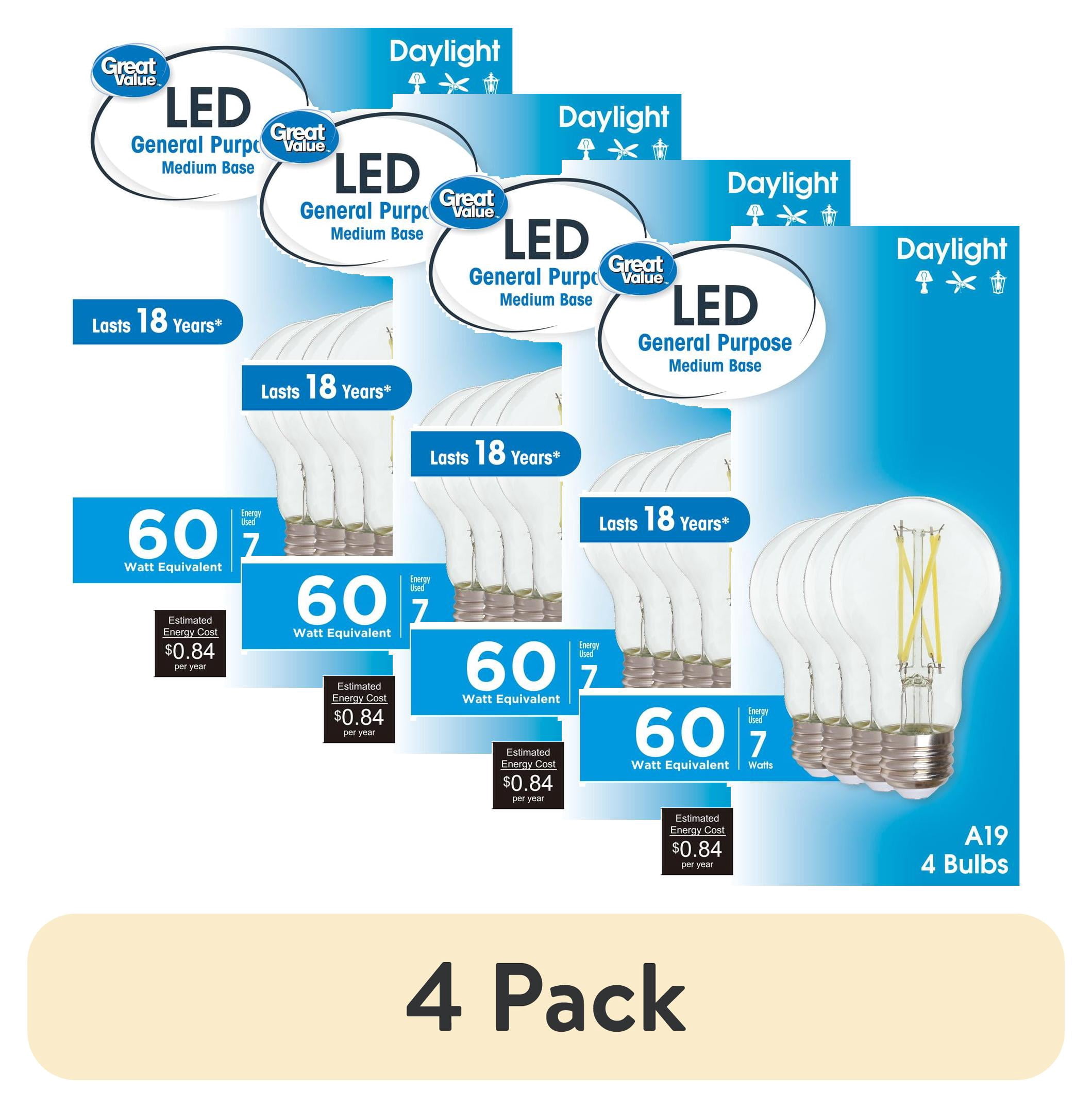 (4 pack) Great Value LED Light Bulb, 7W(60W Equivalent) Daylight A19 ...