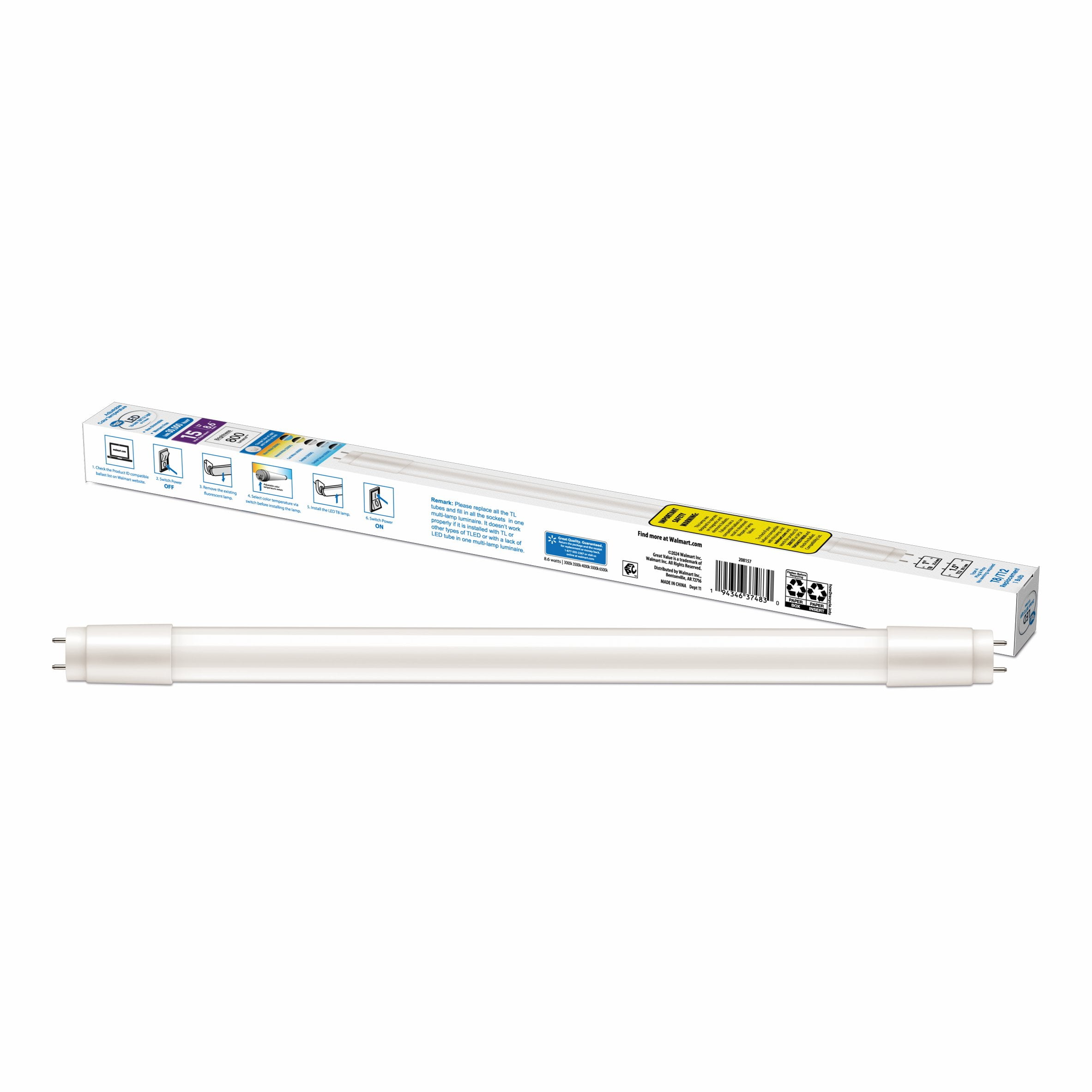 Great Value LED Light Bulb, 8W (15W Equivalent), T8 T12 Replacement ...
