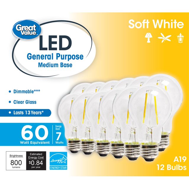 Great Value LED Light Bulb, 8W (60W Equivalent) A19 Clear Glass E26 Base, Dimmable, Soft White ...