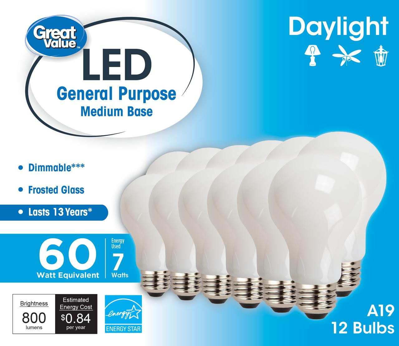 Great Value LED Light Bulb, 8W (60W Equivalent) A19 Frosted Glass E26 ...
