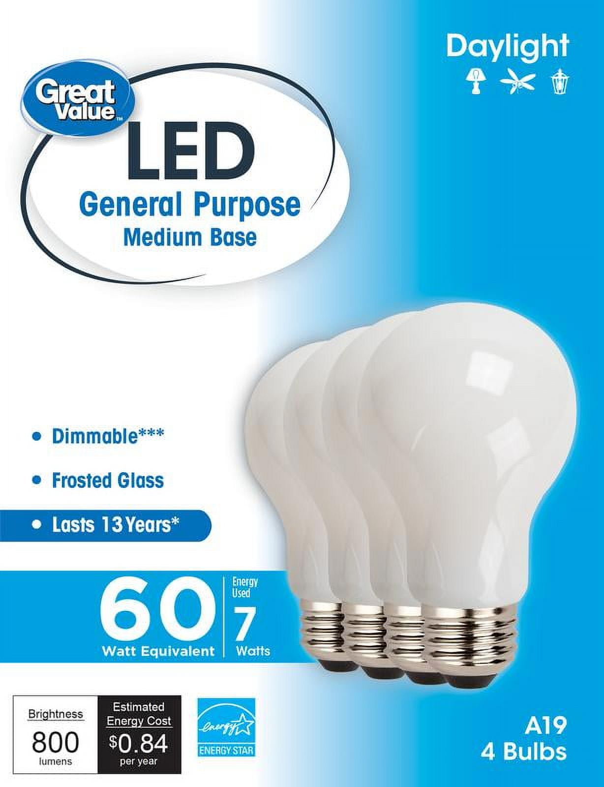 Great Value LED Light Bulb, 8W (60W Equivalent) A19 Frosted Glass E26 ...