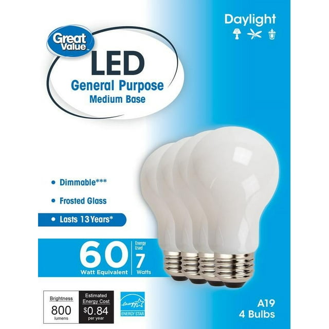 Great Value LED Light Bulb, 8W (60W Equivalent) A19 Frosted Glass E26 ...