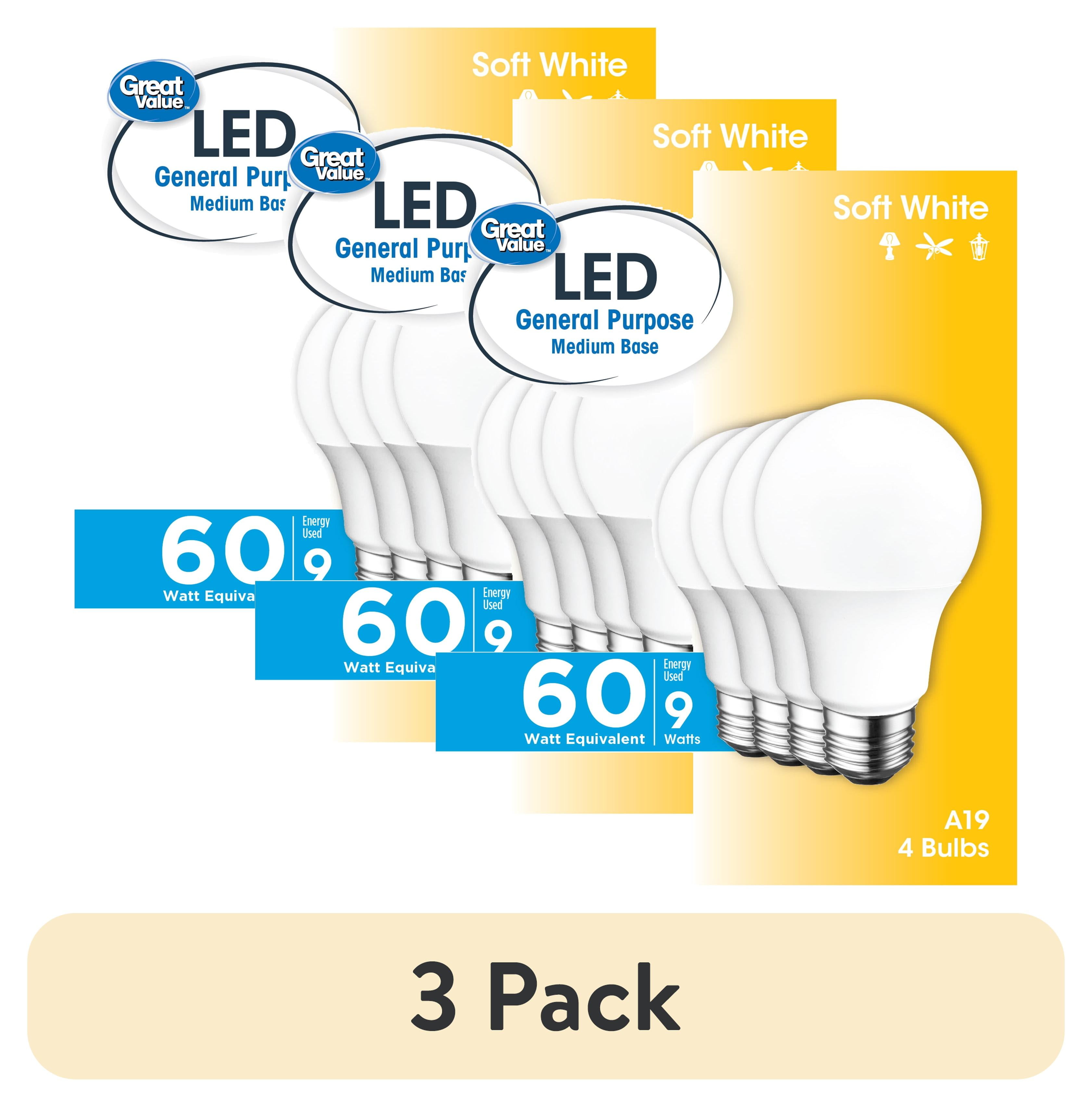 (3 pack) Great Value LED Light Bulb, 9 Watts (60W Equivalent) A19 ...