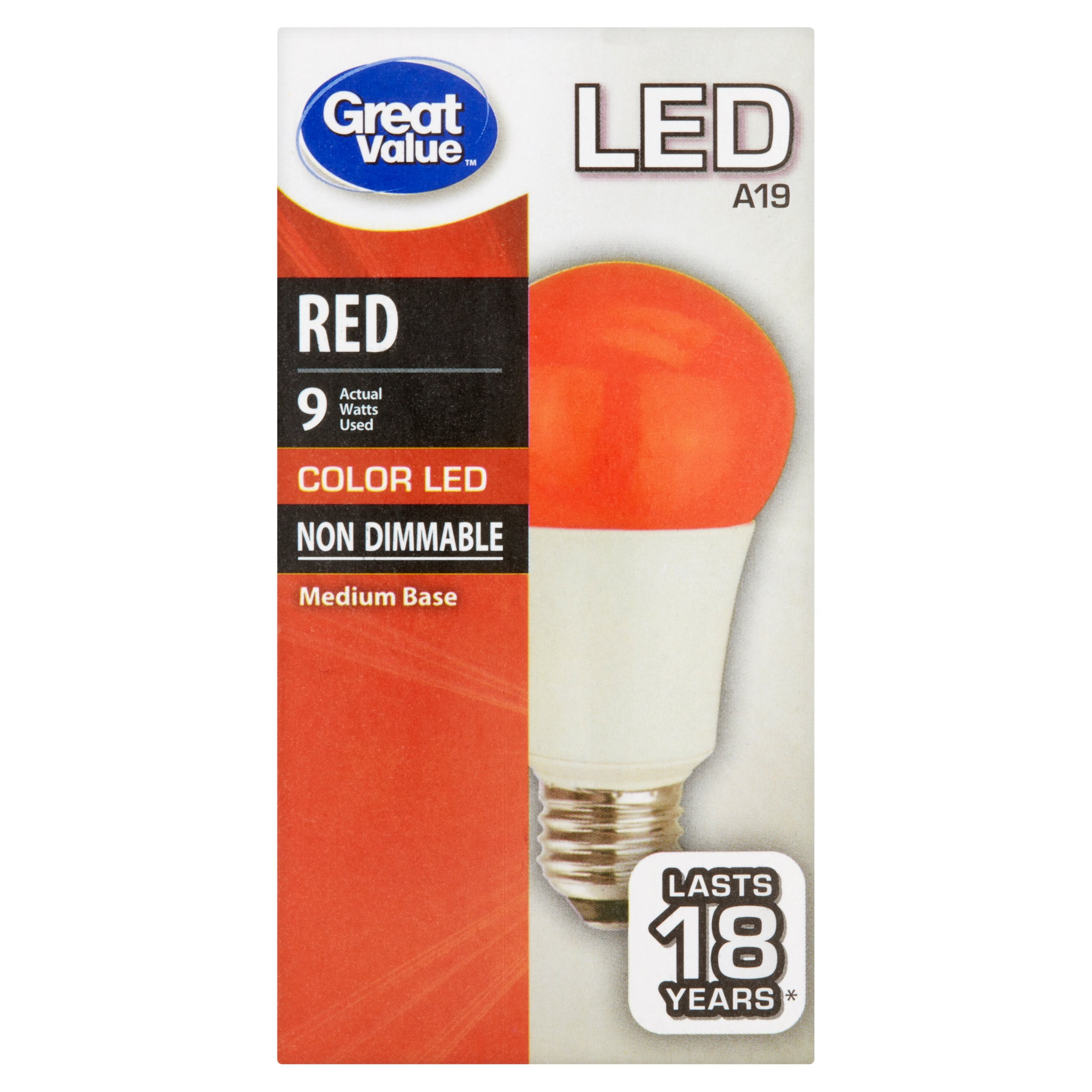 Great Value LED Light Bulb, 9 Watts A19 Lamp E26 Base, Non-Dimmable,Red ...