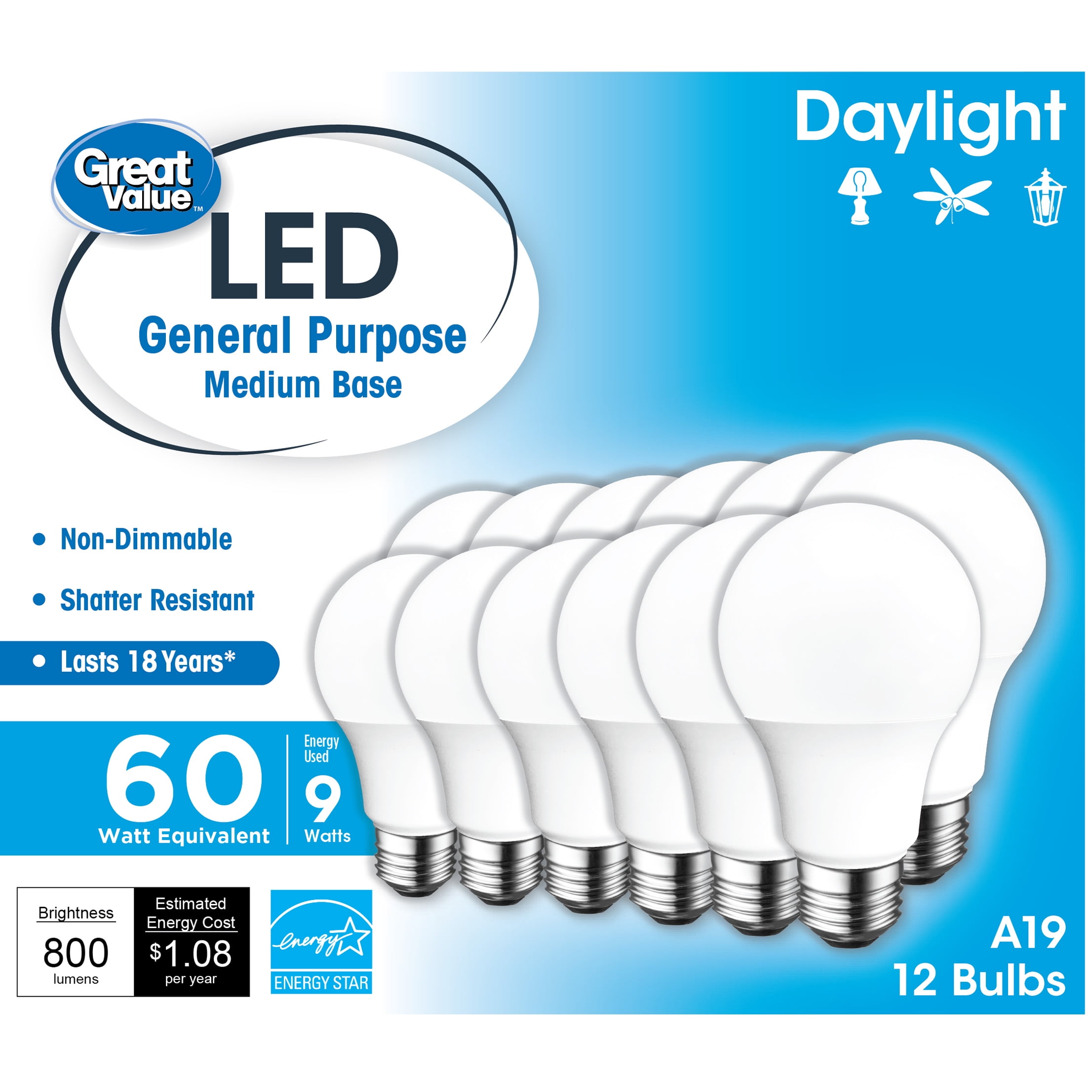 Great Value LED Light Bulb, 9W (60W Equivalent) 18Y, A19 General ...