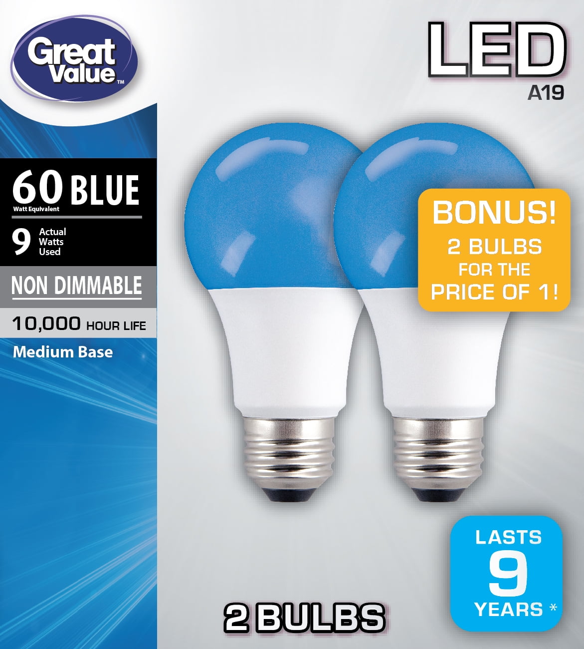 Great Value LED Light Bulb, 9W (60W Equivalent) A19 Lamp E26 Medium ...