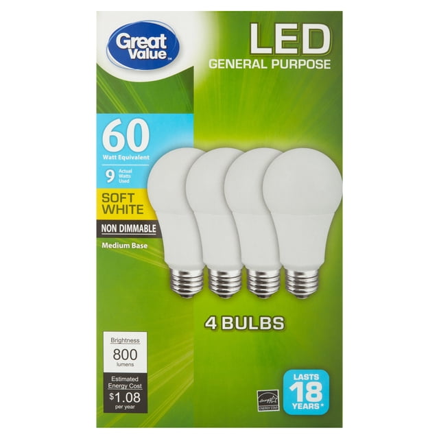Great Value LED Light Bulb, 9W (60W Equivalent) A19 Lamp E26 Medium ...