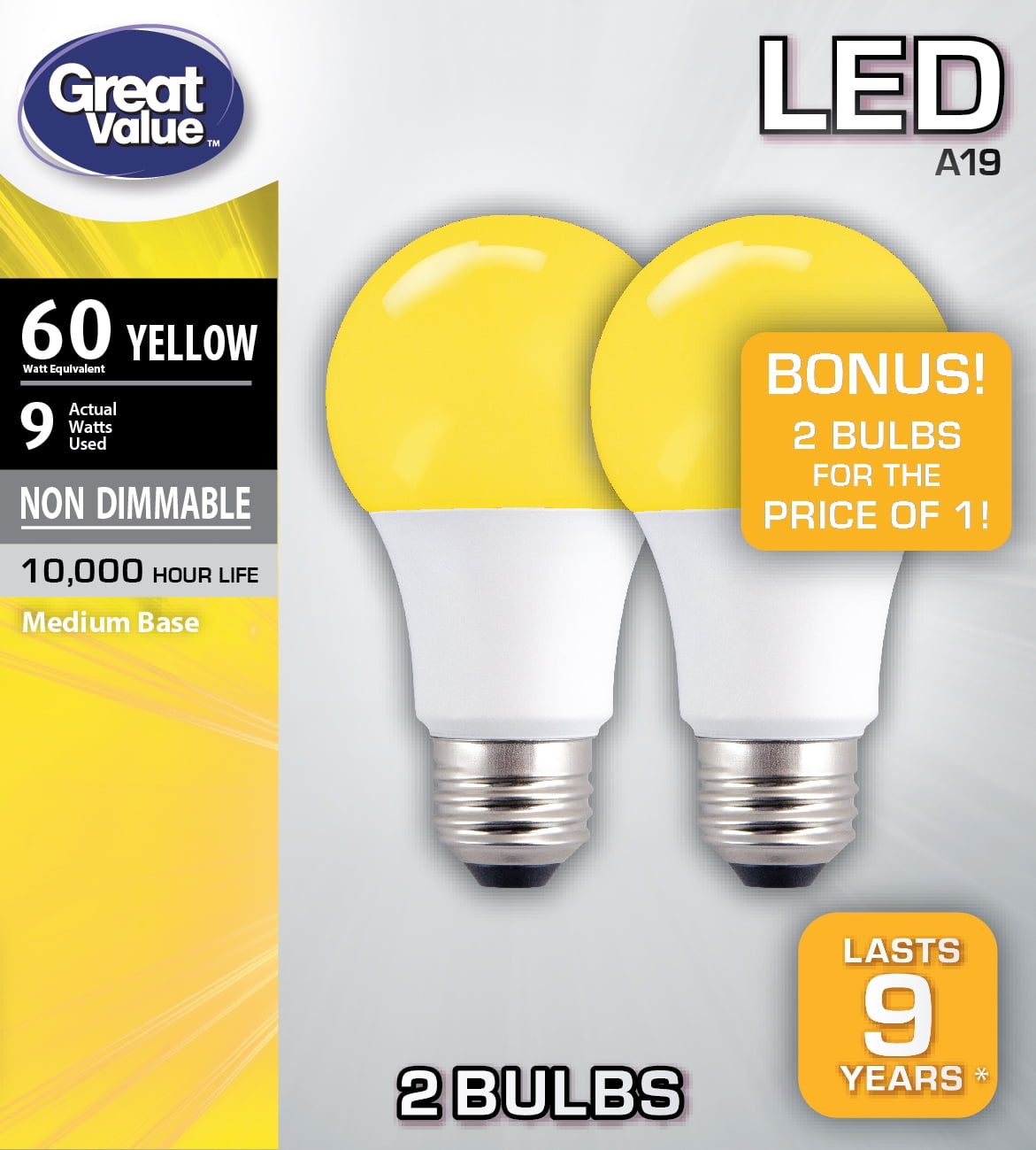 Great Value LED Light Bulb A19 9.5 Watts Medium Base Bulbs, 2 Count ...