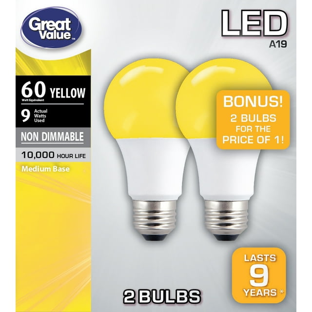 Great Value LED Light Bulb A19 9.5 Watts Medium Base Bulbs, 2 Count ...