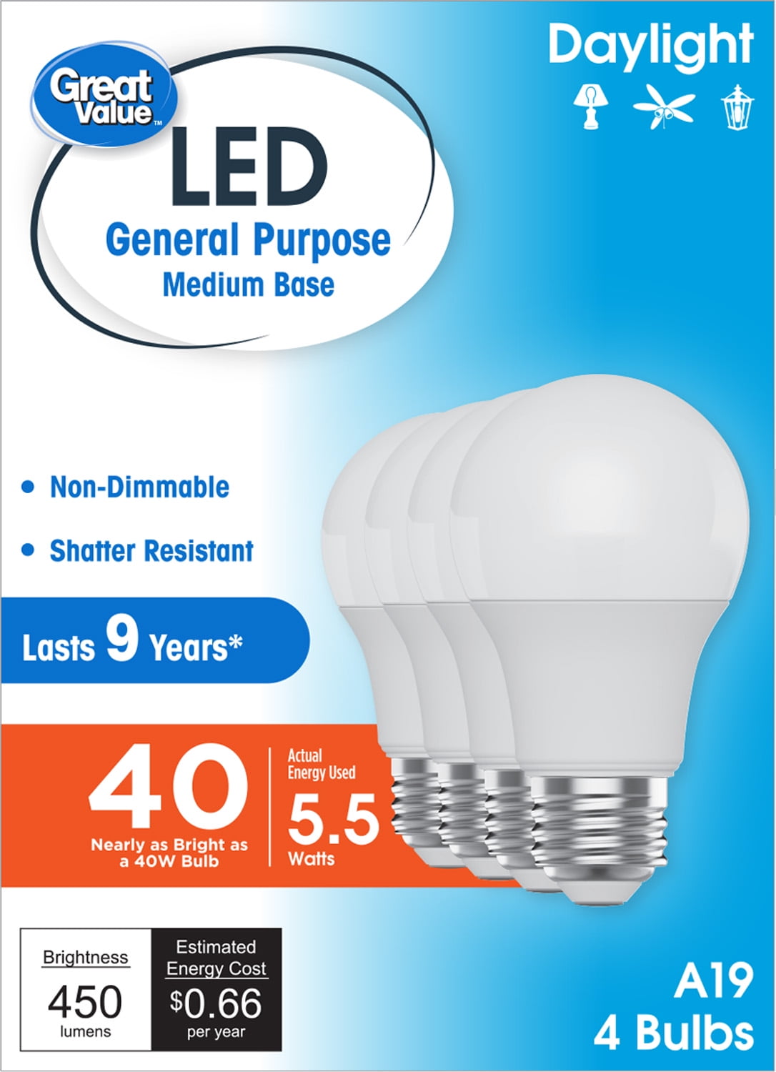 Great Value LED Light Bulb, Daylight, 40 Watt Eqv, A19 General Purpose ...