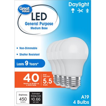 Great Value 18YR A19 LED Light Bulb, 8.5W(60W Equivalent) Dimmable Daylight E26 Medium Base, 12 ...