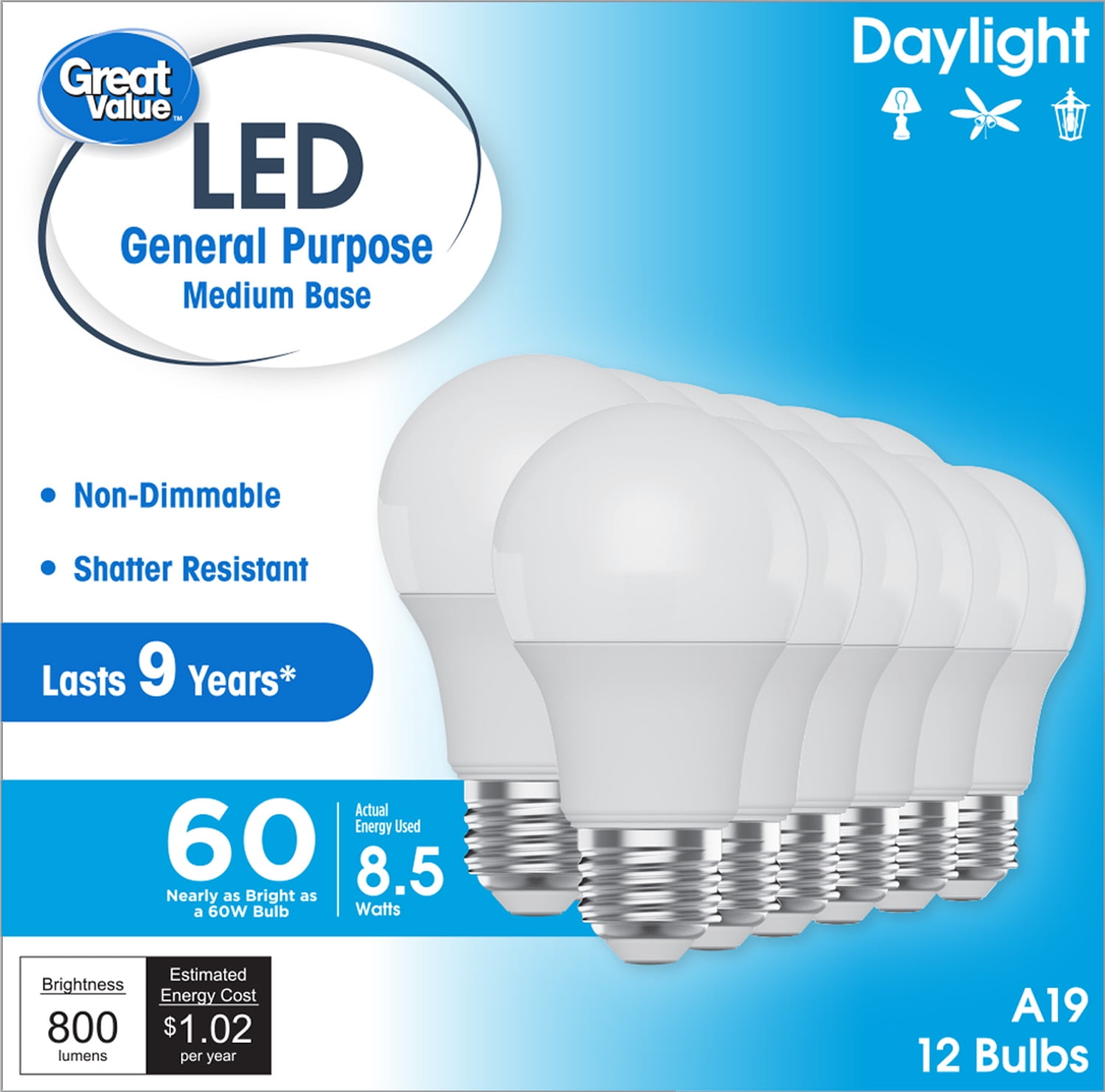 Great Value LED Light Bulb, Daylight, 60 Watt Eqv, A19 General Purpose ...