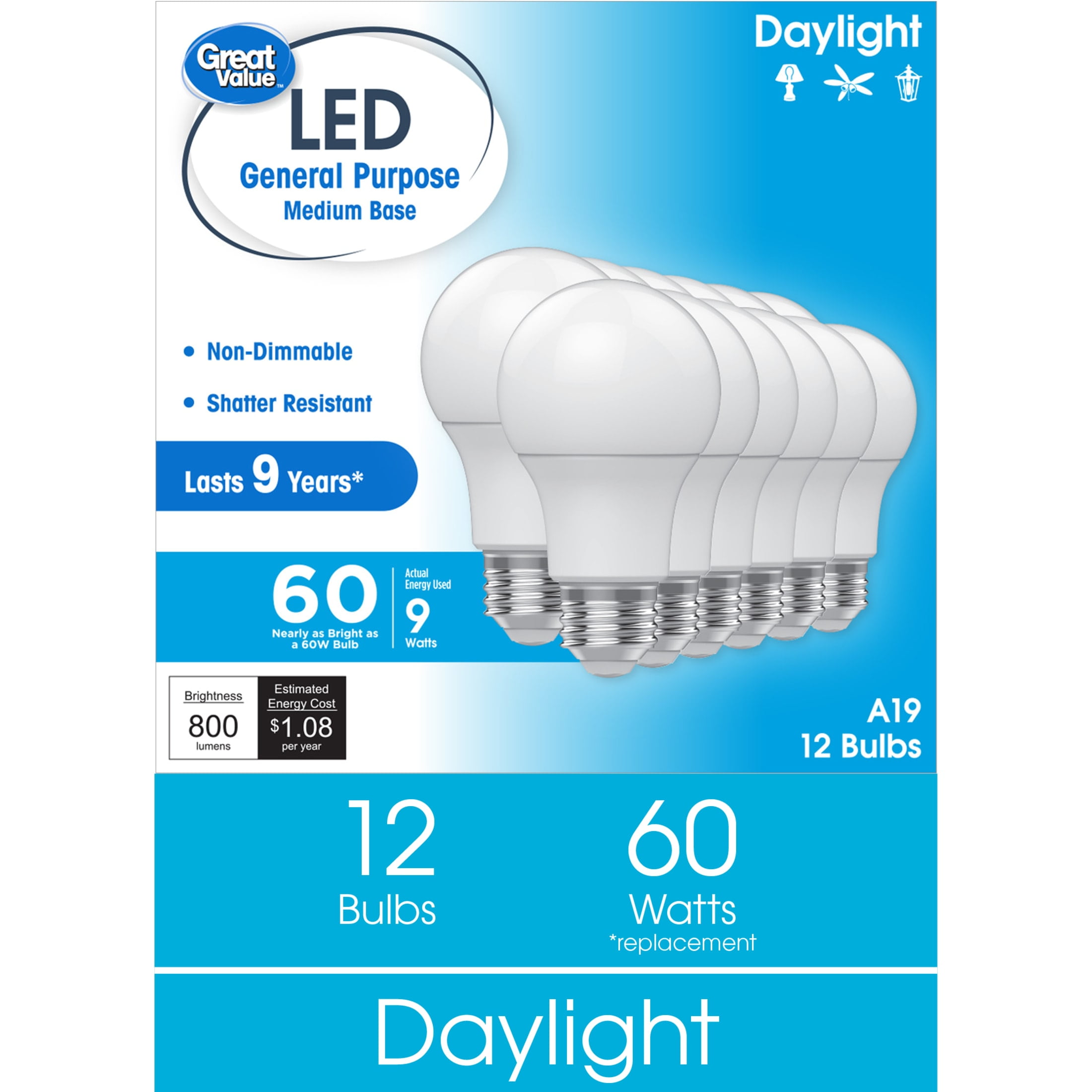 Great Value LED Light Bulb, Daylight, 60 Watt Eqv, A19 General Purpose ...