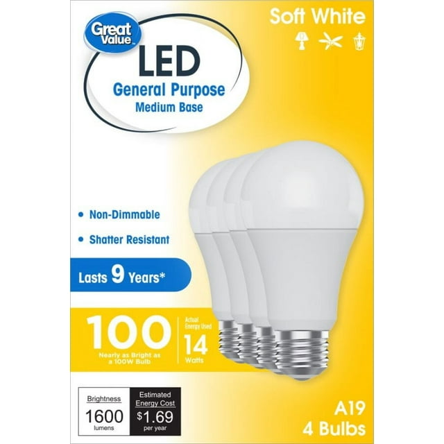Great Value LED Light Bulb, Soft White, 100 Watt Eqv, A19 General ...